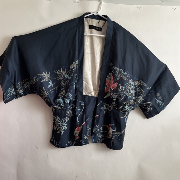 Jackets & Coats | Zara Kimono Duster Navy Blue With Japanese Print ...
